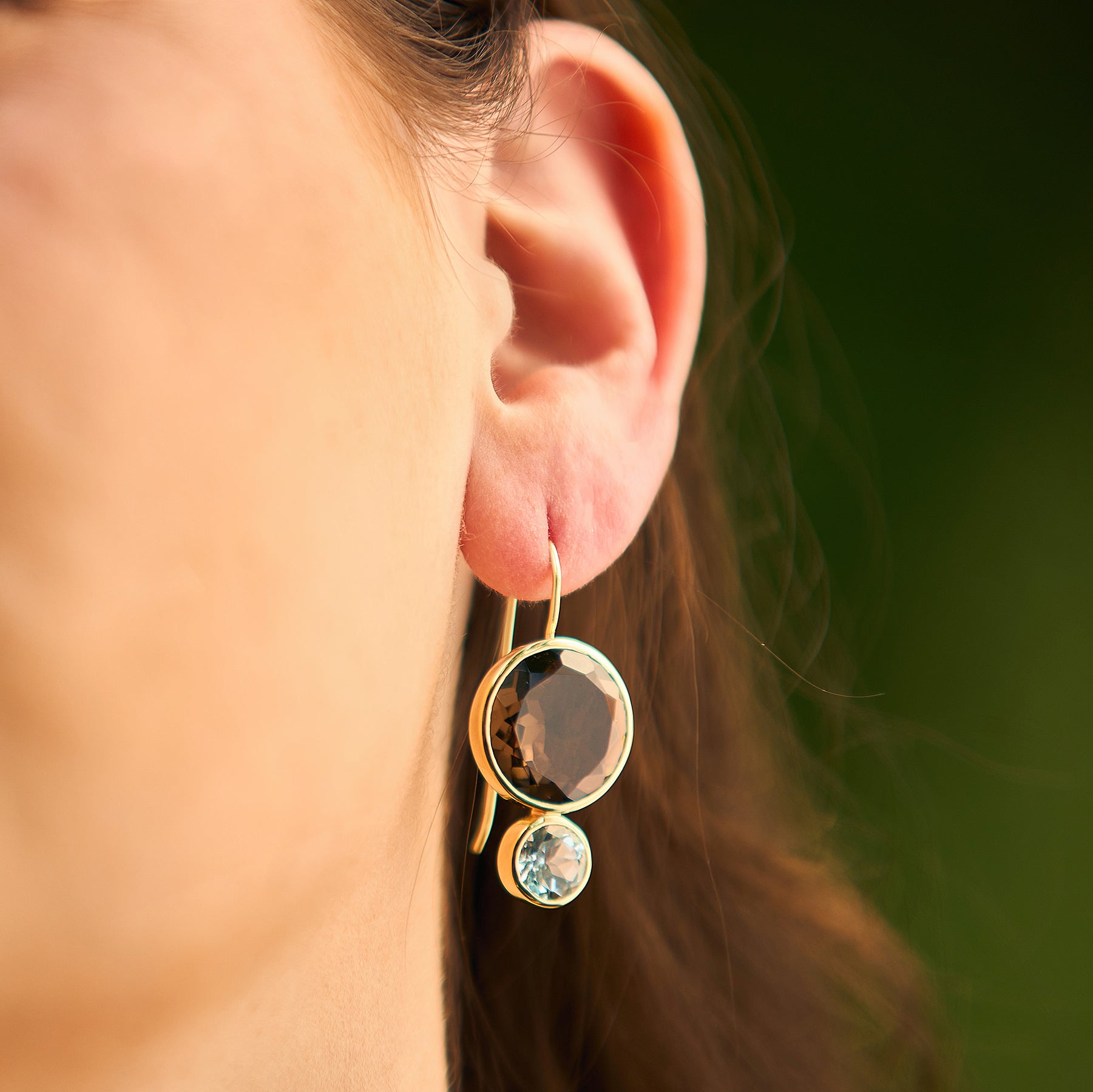 Laura Foote Designs Color Block Drop Earrings in Faceted Smoky Quartz and Faceted Sky Blue Topaz